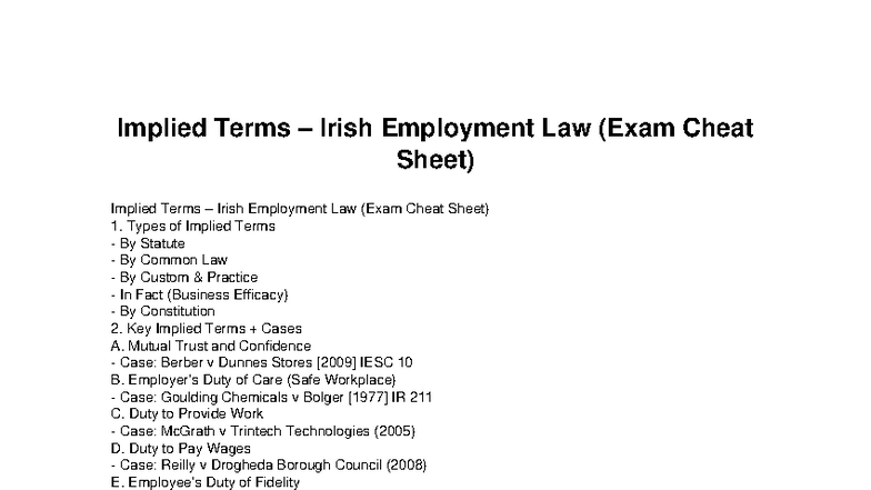 Irish Employment Law (IRL 101) Implied Terms Exam Cheat Sheet - Studocu