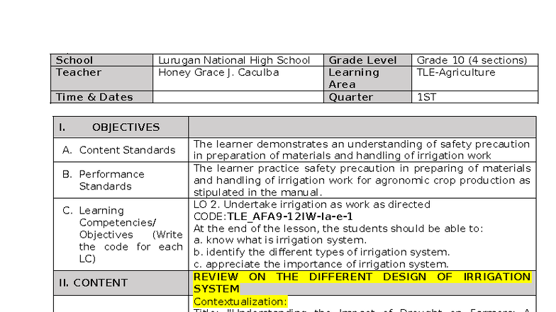 Irrigation Designs: Lesson Plan for Grade 10 (TLE) - Studocu