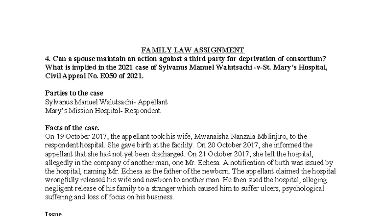 FAMILY LAW ASSIGNMENT 4: Deprivation of Consortium Analysis - Studocu