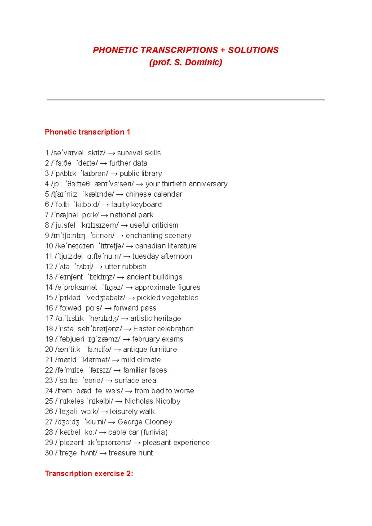 Exercises and Solutions Phonetic Transcriptions - PHONETIC ...