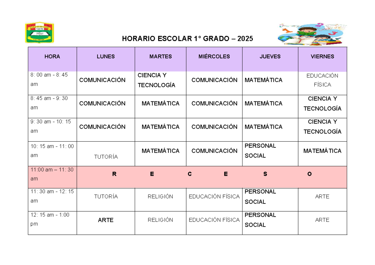 Horario Escolar 1 Primaria - HORARIO ESCOLAR 1° GRADO – 2025 HORA LUNES ...