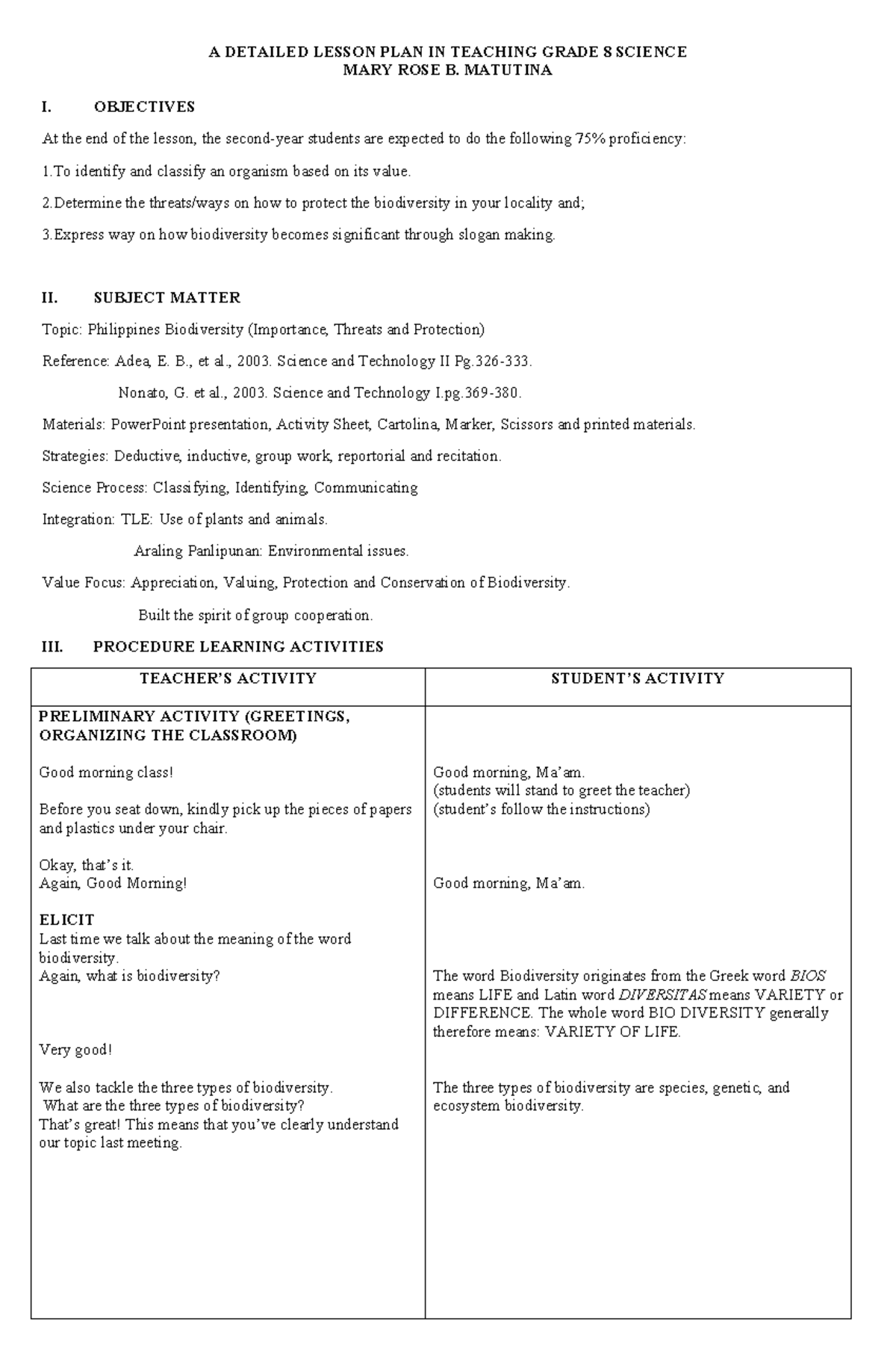 Detailed Lesson Plan: Teaching Grade 8 Science on Biodiversity - Studocu