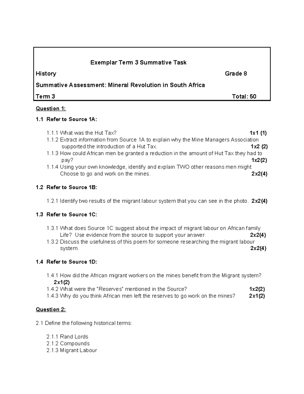 Grade 8 History Term 3 Summative Assessment: Mineral Revolution in SA ...