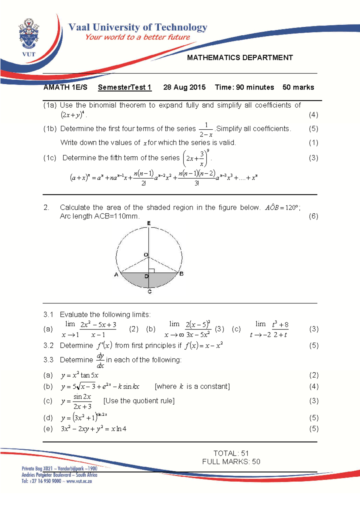 AMATH 1 Semester Test 1 Review: Binomial Expansion & Limits - Studocu