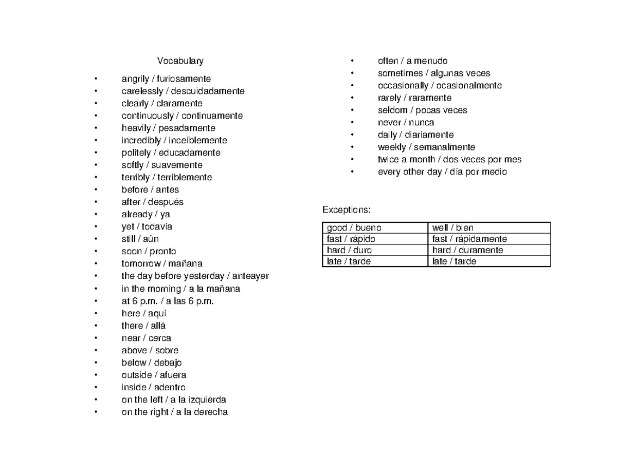 Adverbs Vocabulary List for Language Study - Studocu