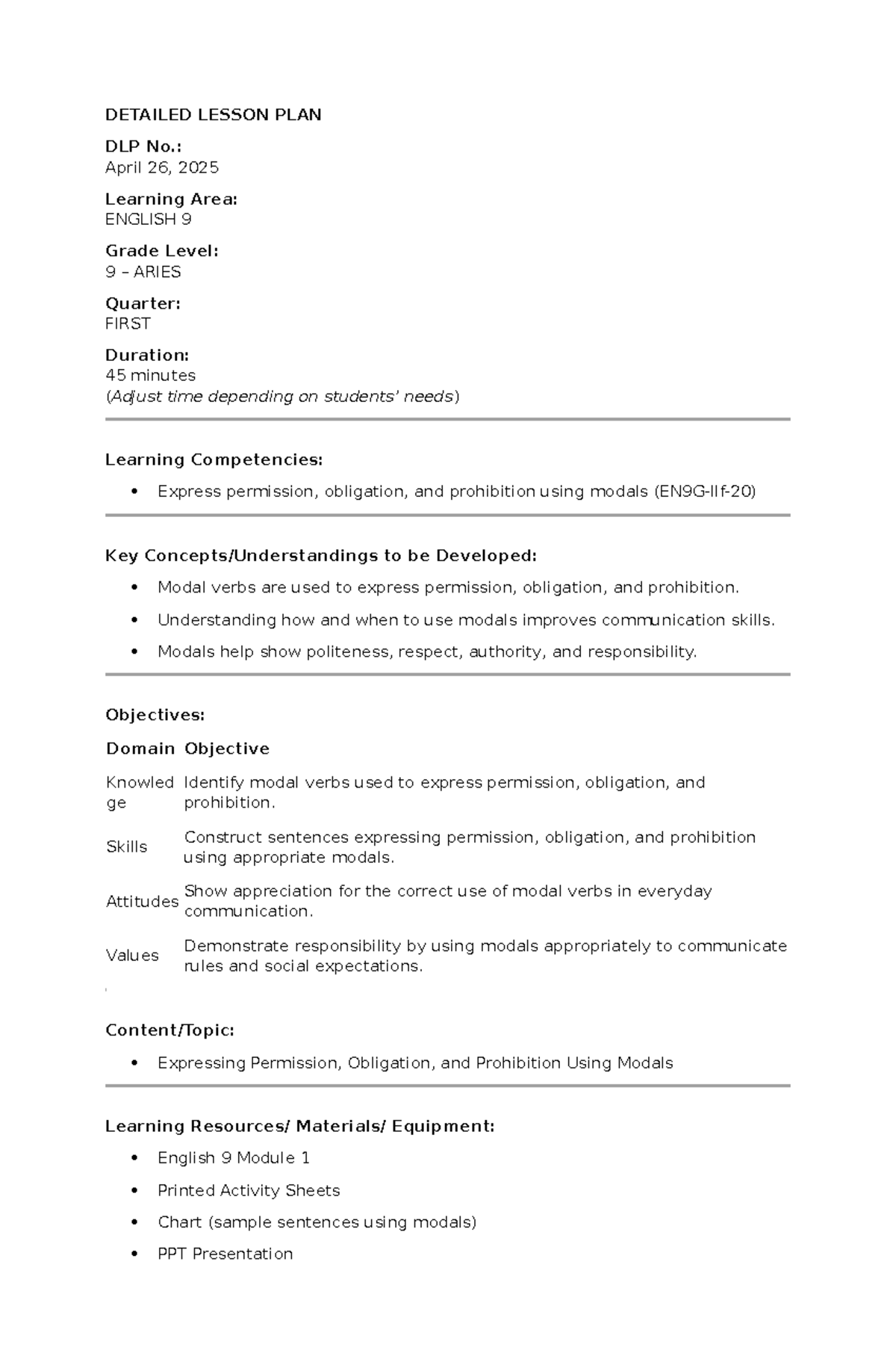 Detailed Lesson Plan on Modals for English 9 - First Quarter - Studocu