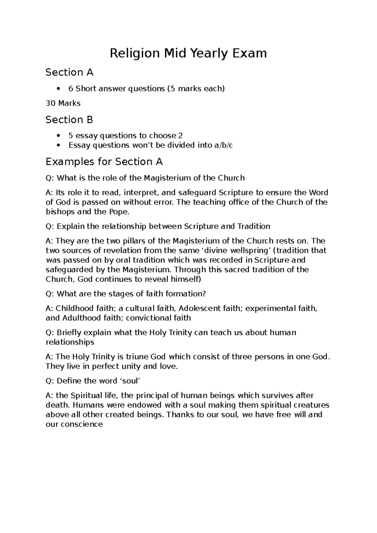 Religion Mid Yealry Exam Example Questions - Religion Mid Yearly Exam ...