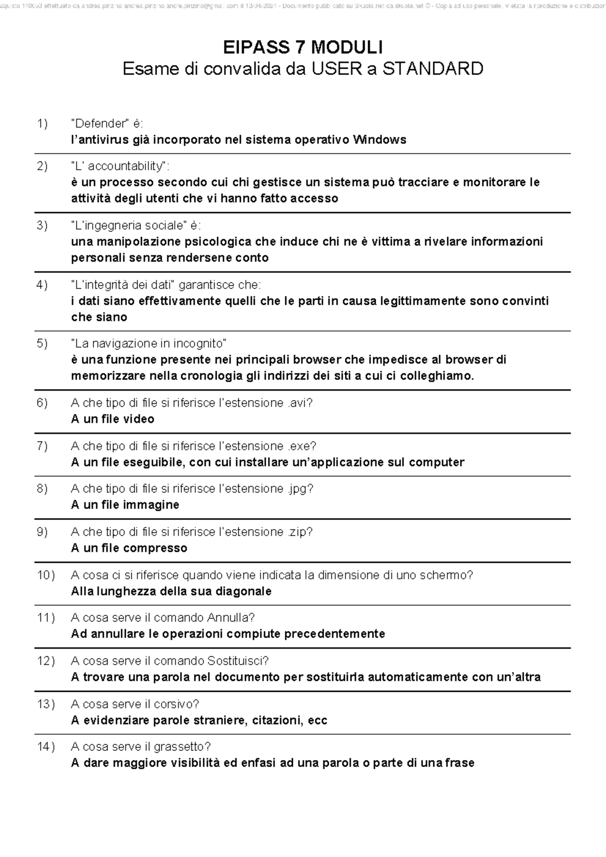 EIPASS 7 Moduli: Esame di Convalida da USER a STANDARD - Studocu