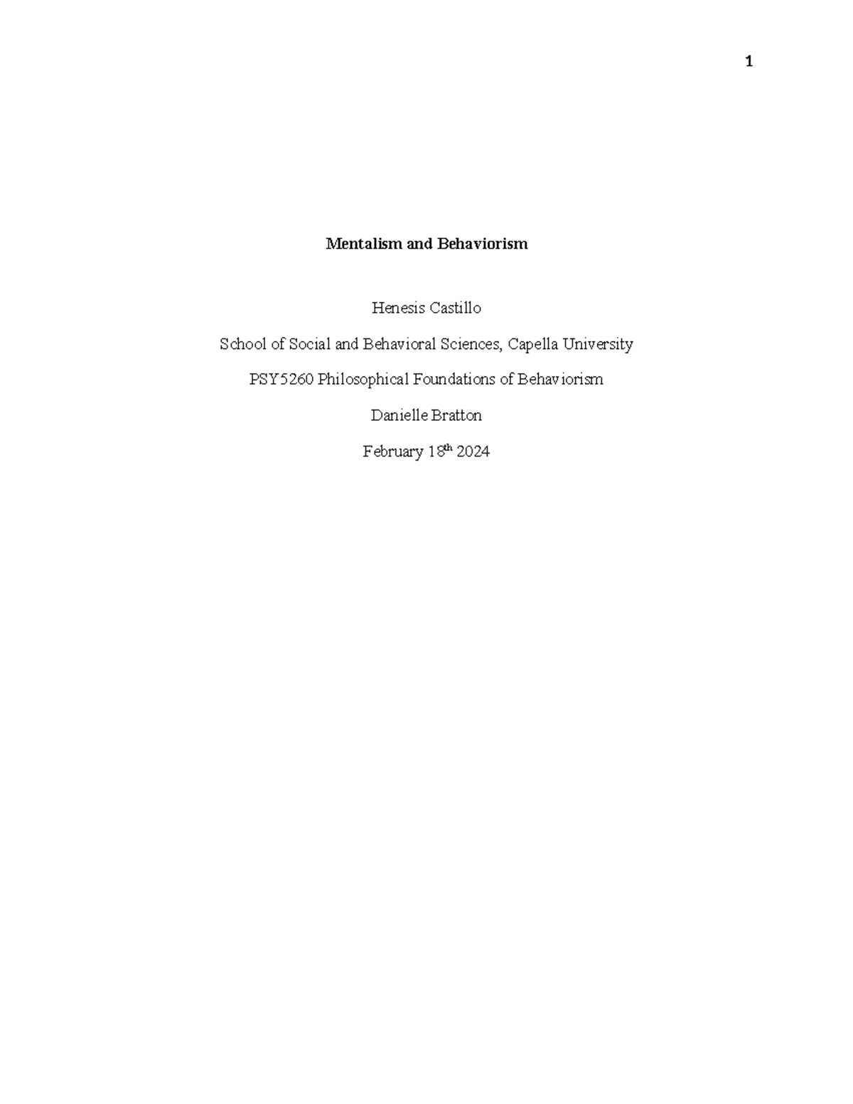 PSY5260 Week 6: Mentalism vs. Behaviorism in ABA Context - Studocu