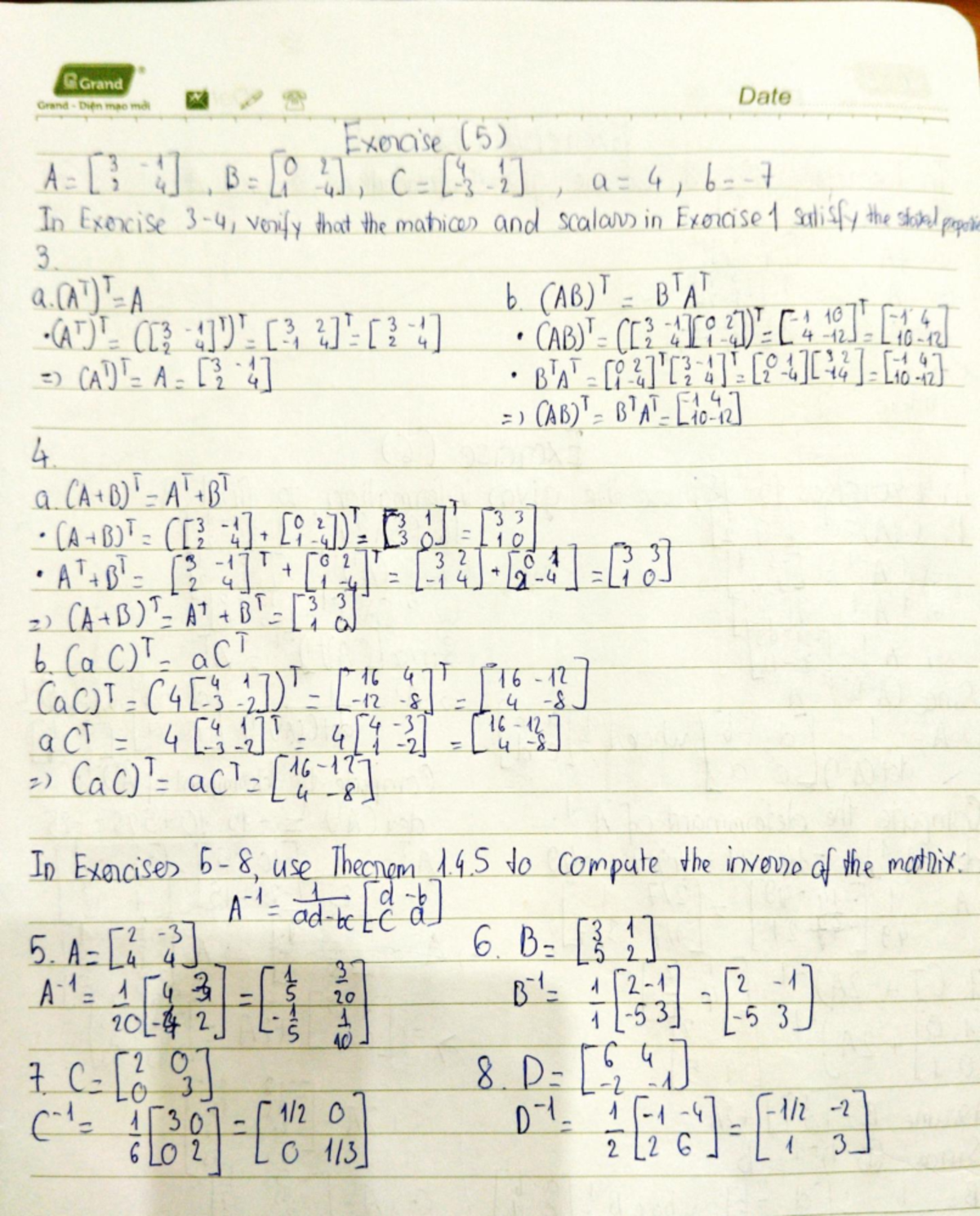 Linear Algebra 1P3 - Exercises and Matrix Properties Exploration - Studocu
