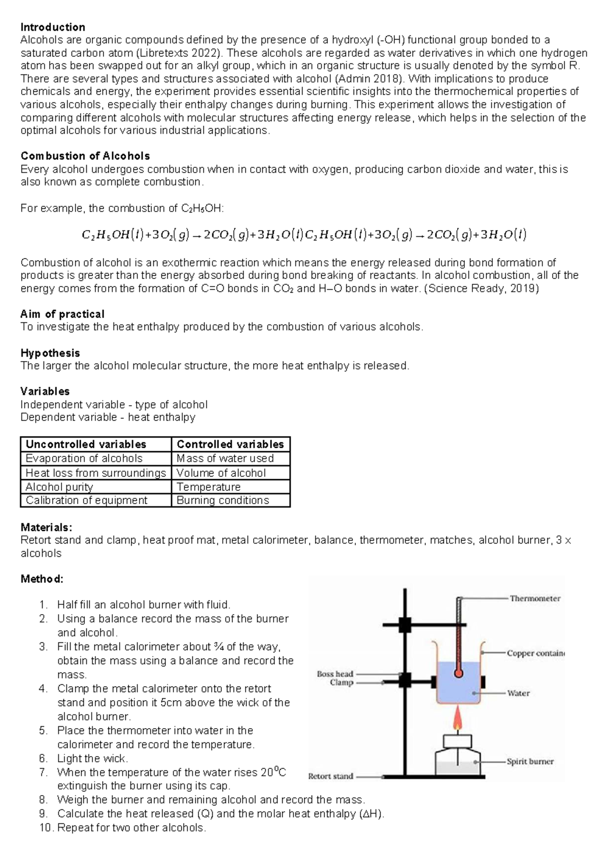 Practical Report: Enthalpy of Combustion of Alcohols (CHEM 101) - Studocu
