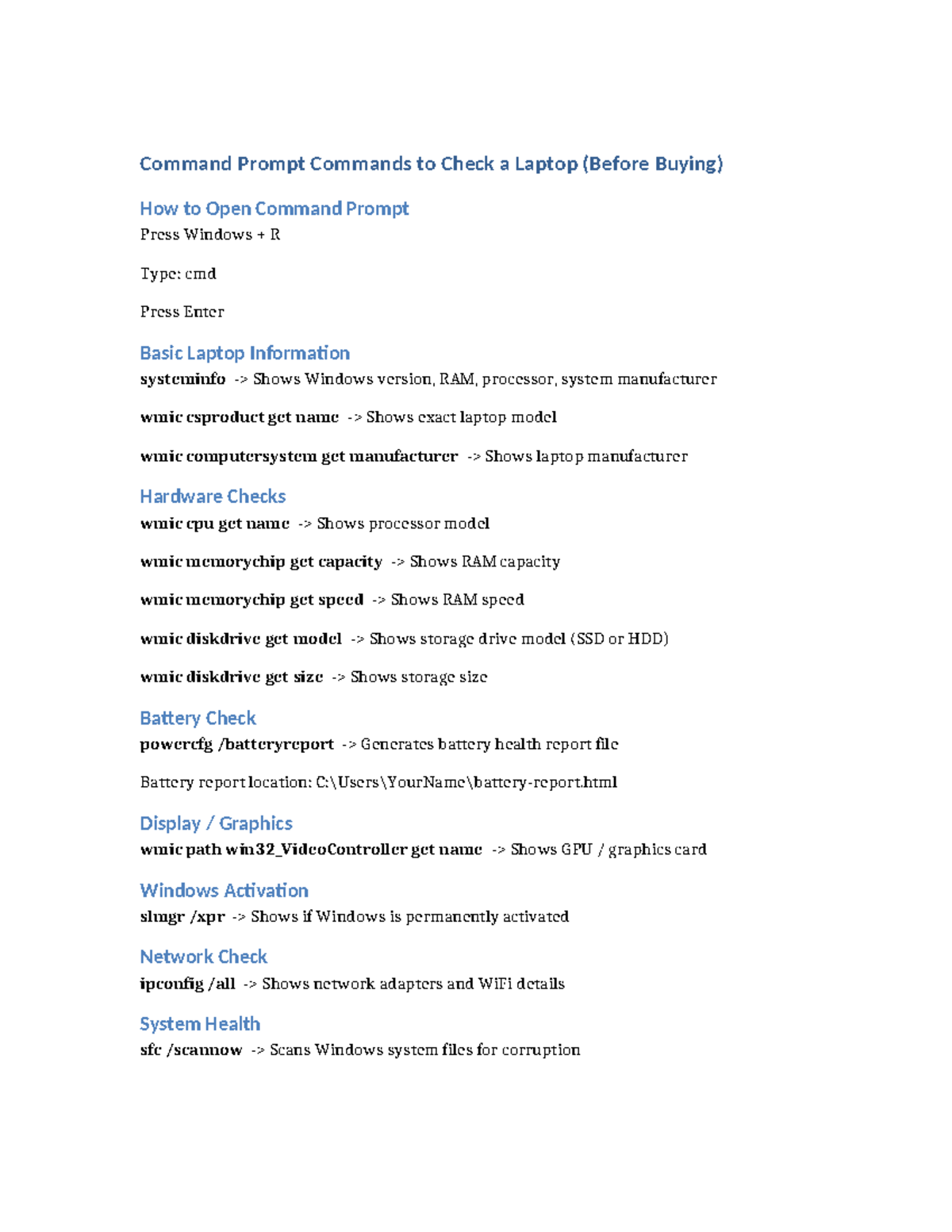 Command Prompt Commands for Laptop Checks (Before Buying) - Studocu
