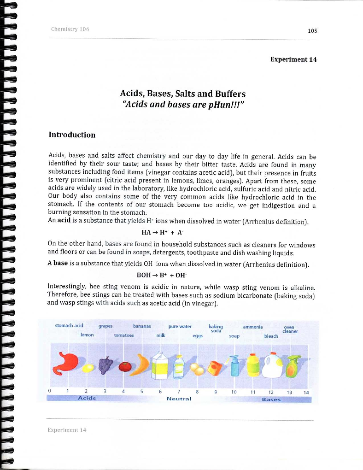Chemistry 106 Experiment 14: Exploring Acids, Bases, Salts, and Buffers ...