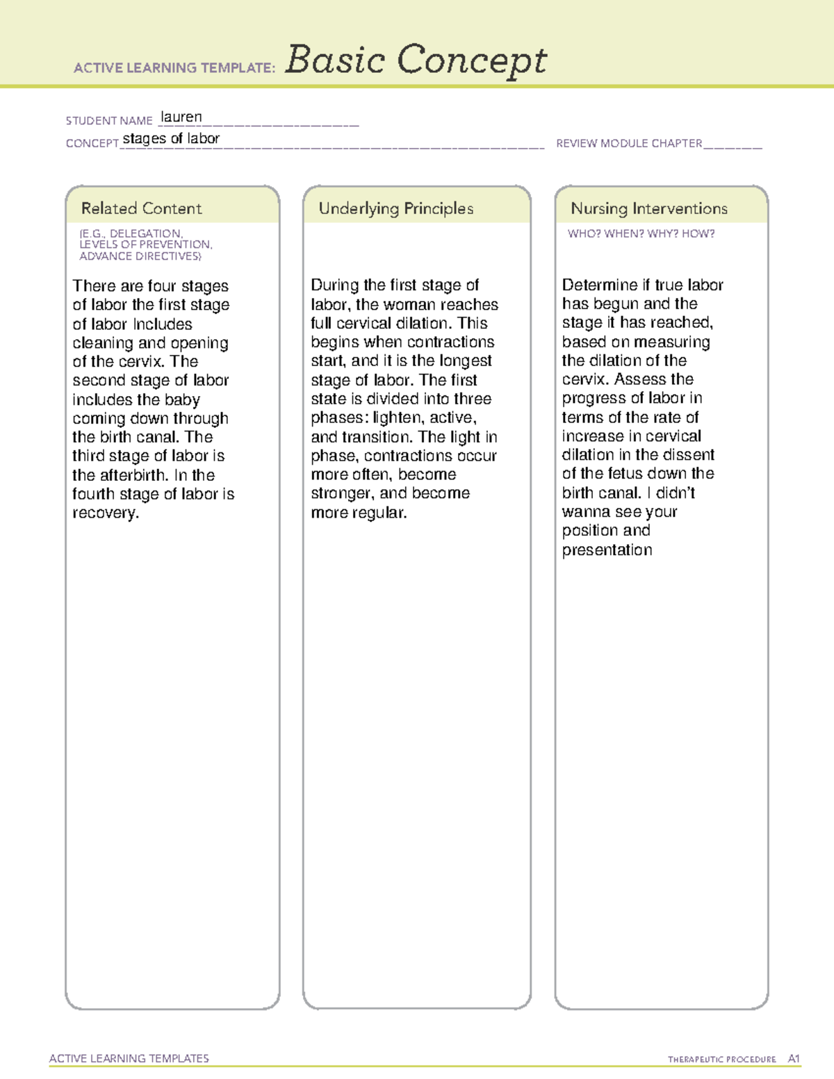 Stages of Labor: Active Learning Template for Nursing Students - Studocu