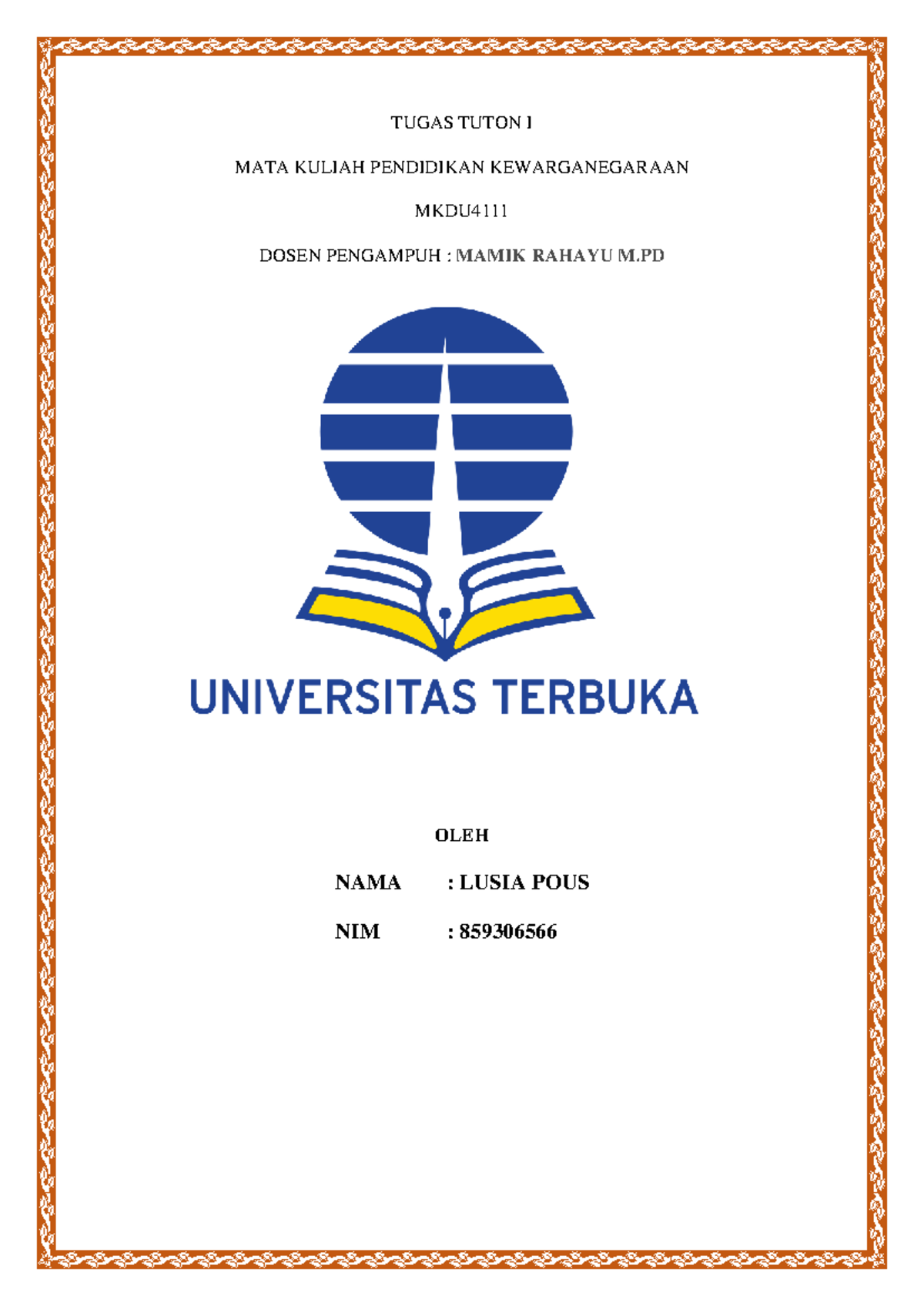 Tugas 1: Pengantar Pendidikan Kewarganegaraan oleh Lusia POUS (NIM ...
