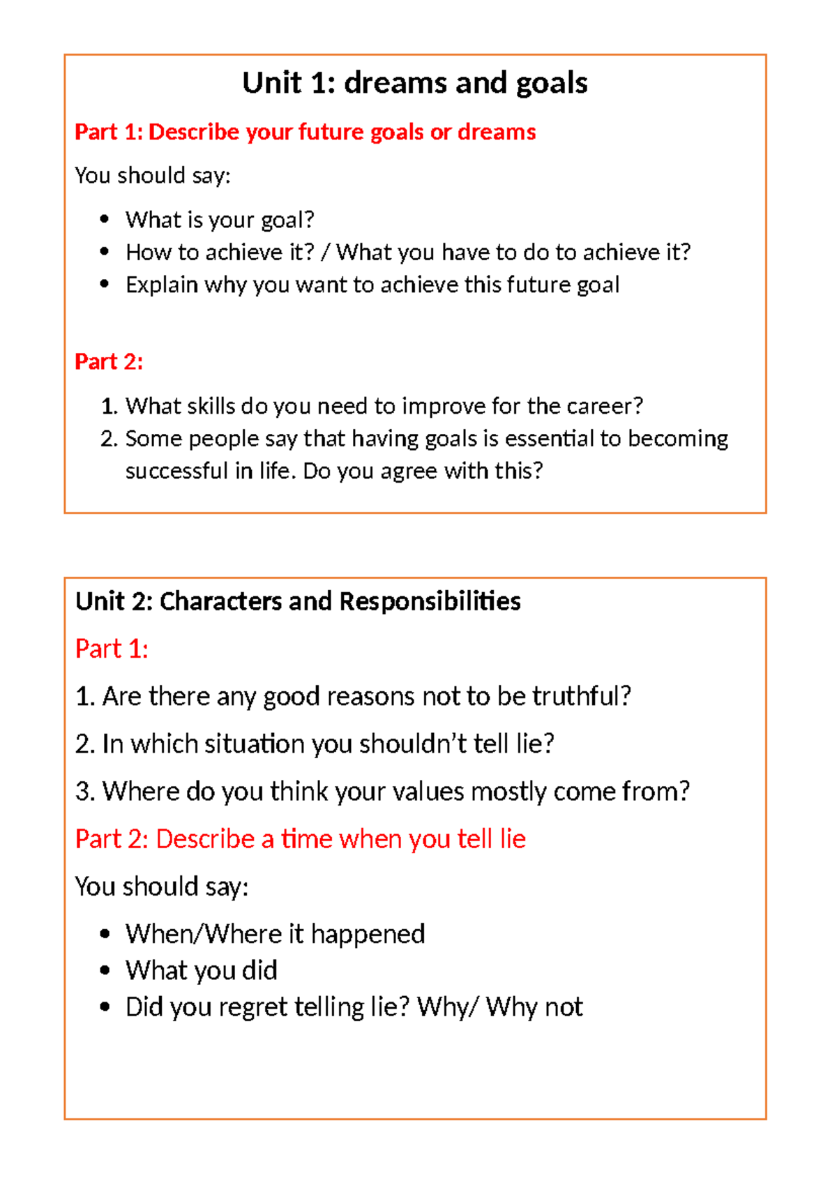 Speaking topics Summit 2 - Unit 1: dreams and goals Part 1: Describe ...