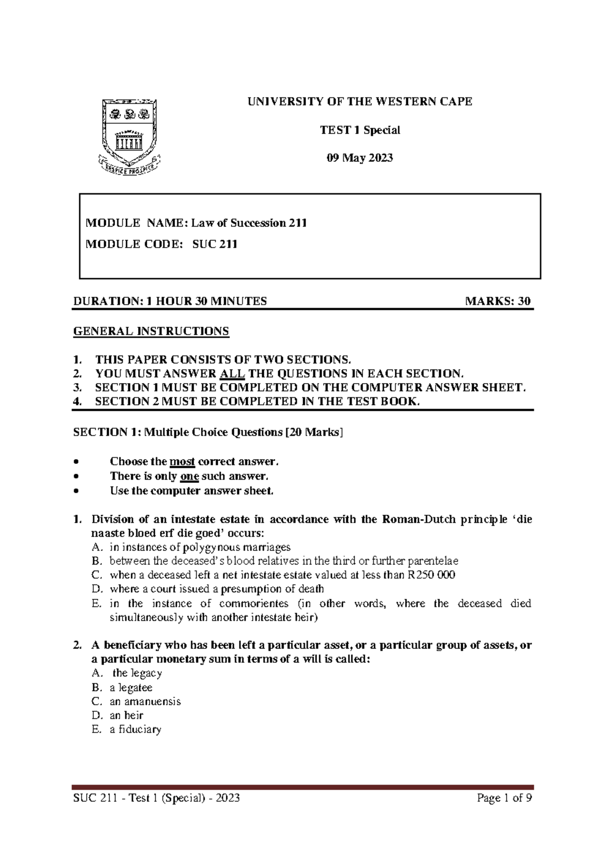 T1 2023 suc 211 - special - UNIVERSITY OF THE WESTERN CAPE TEST 1 ...