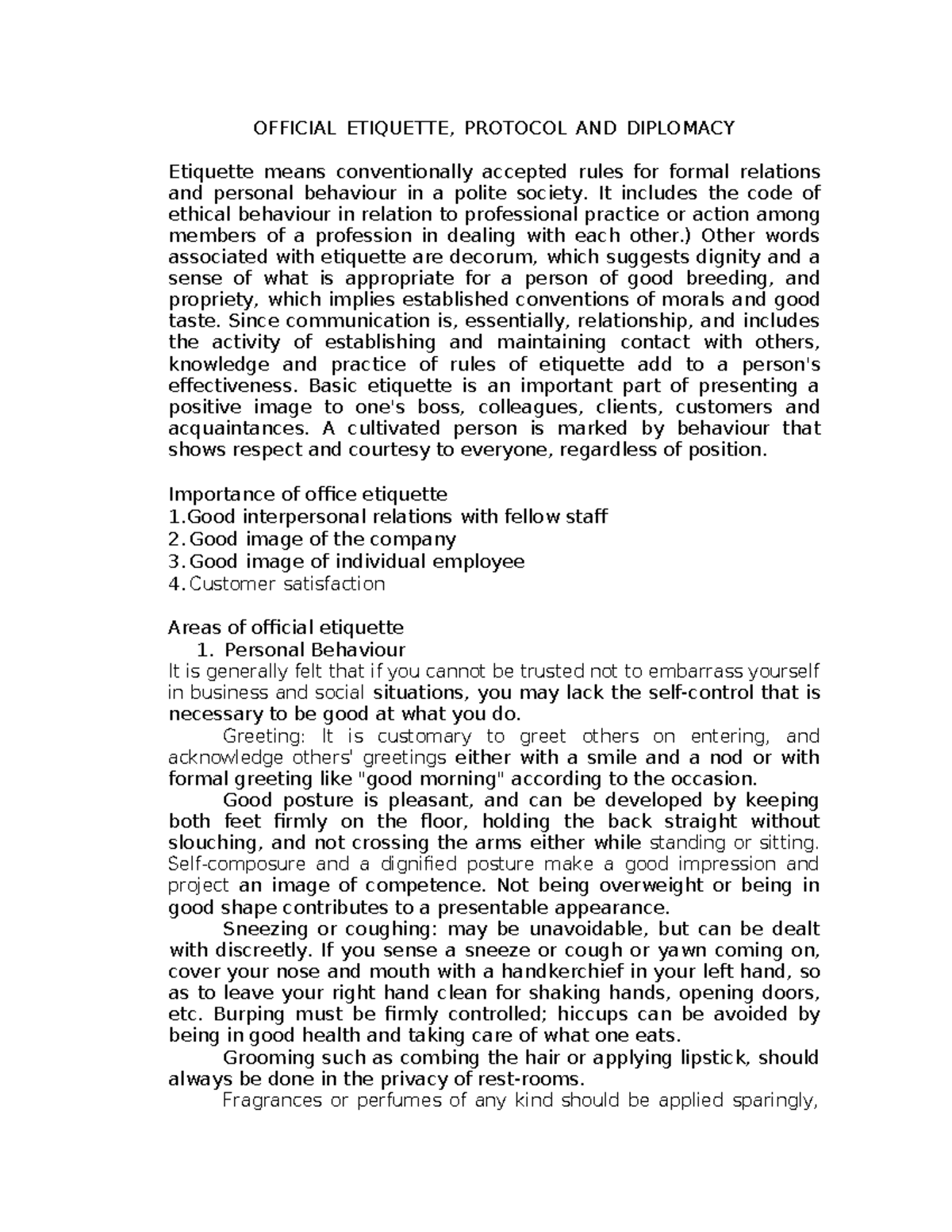 Official Etiquette Notes: Understanding Protocol and Diplomacy - Studocu