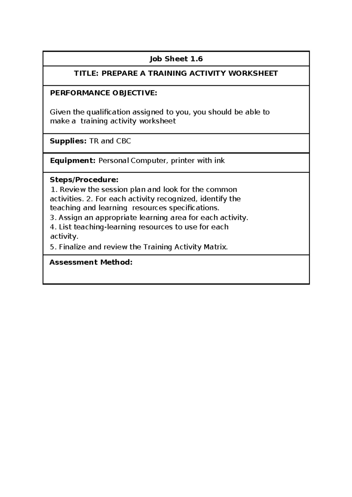 Job Sheet 1 - reference - Job Sheet 1. TITLE: PREPARE A TRAINING ...