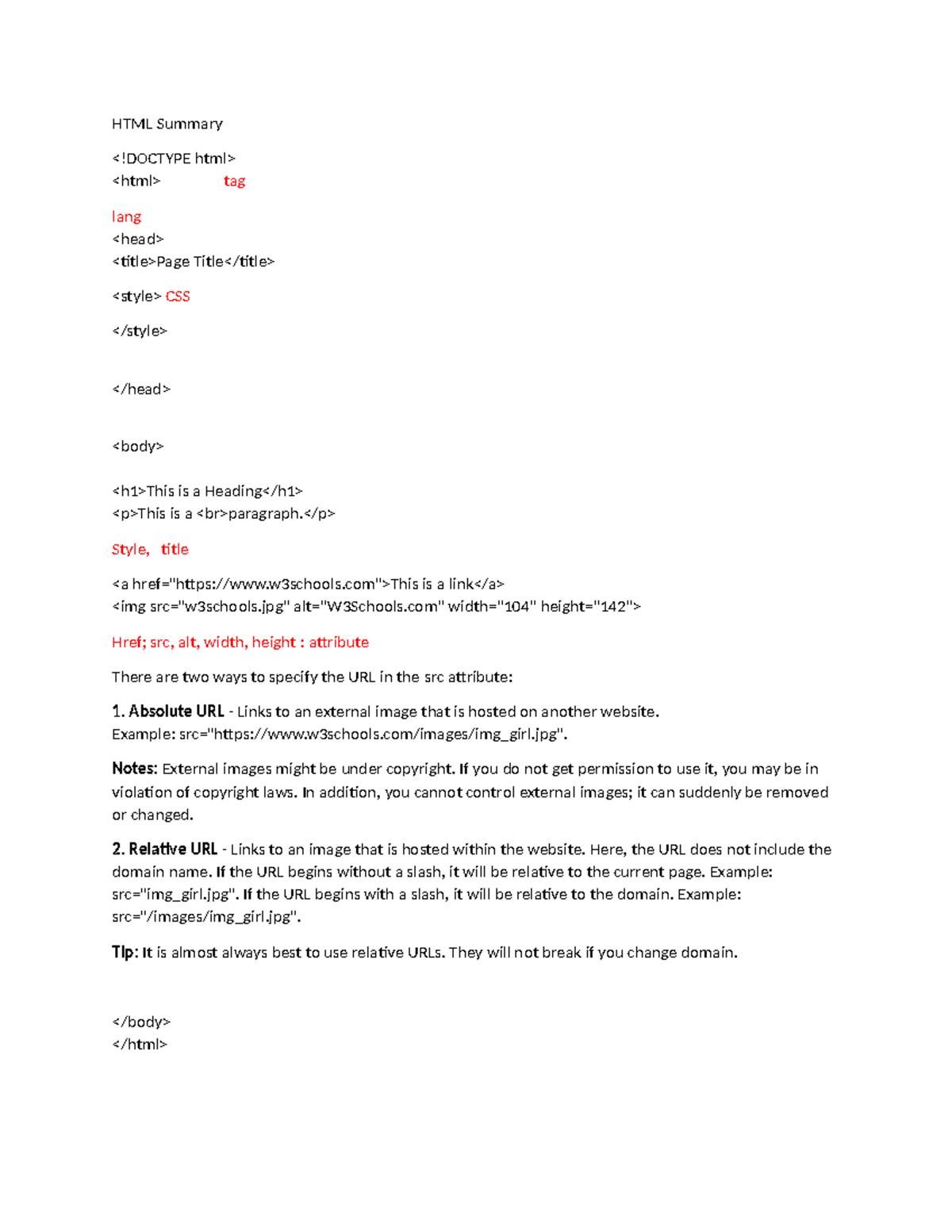HTML summary: src, alt, width, height attributes explained - Studocu