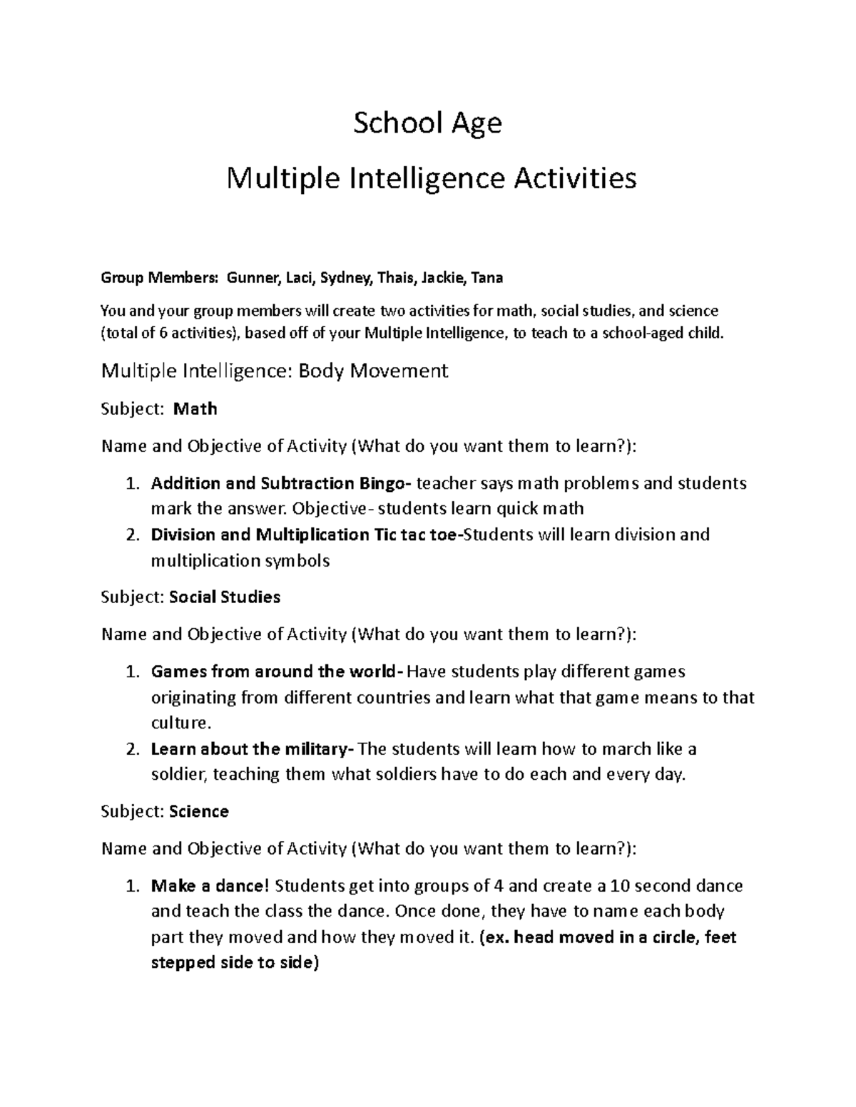 Multiple Intelligence Activities for School Age Children - MATH, SS ...