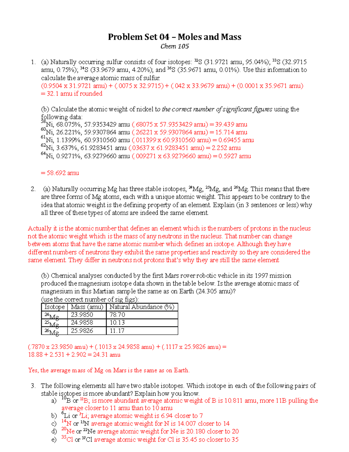 CHEM 105 Problem Set 04 - Moles, Mass, and Isotopes Calculations - Studocu
