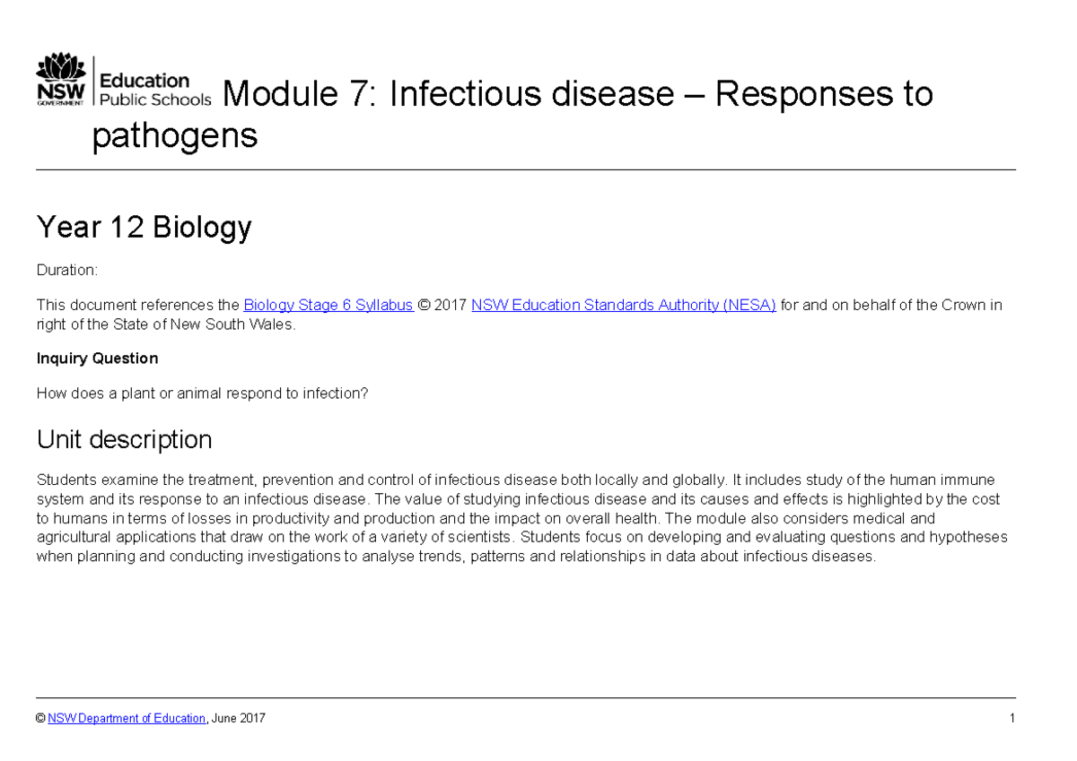 M7: Infectious Disease Responses to Pathogens - Year 12 Biology - Studocu