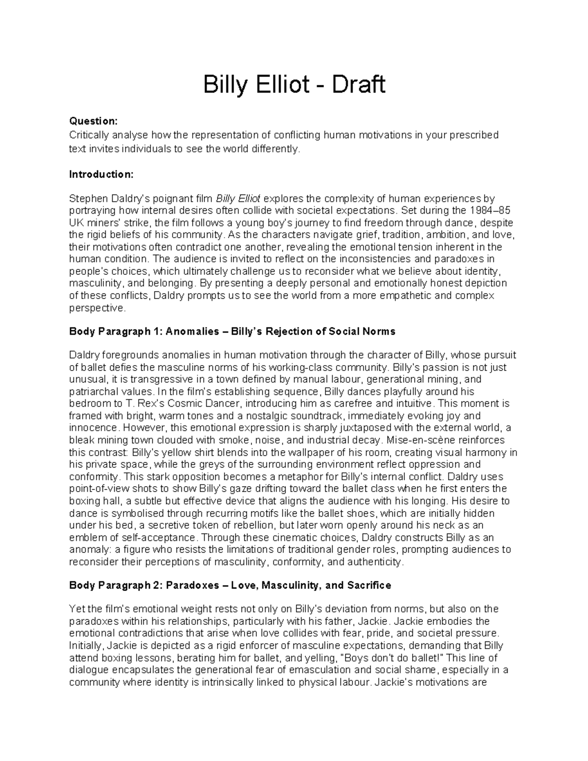 Common Module - Billy Elliot - Draft Analysis of Conflicting ...