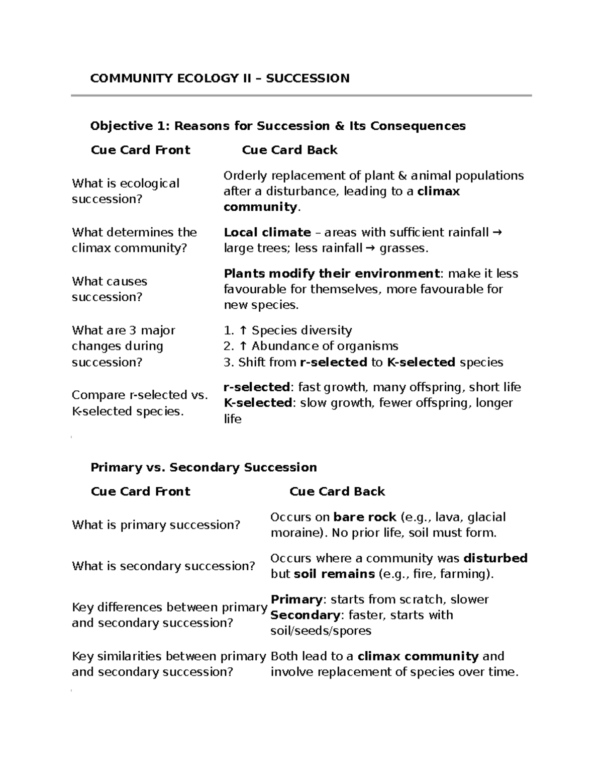 Community Ecology II: Succession Processes and Impacts - Studocu
