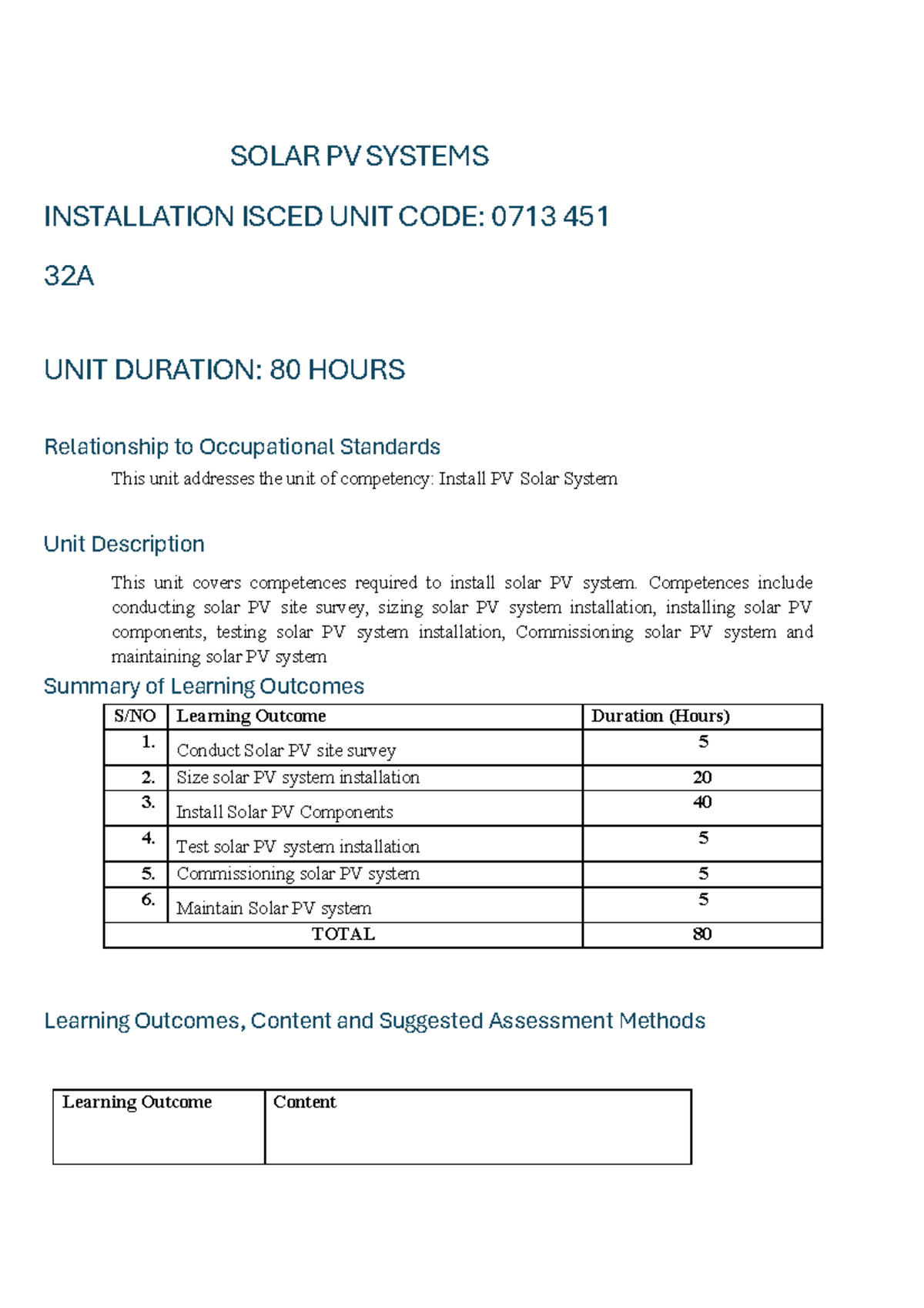 Solar PV Systems Installation Course Outline (ISCED 0713 451 32A) - Studocu