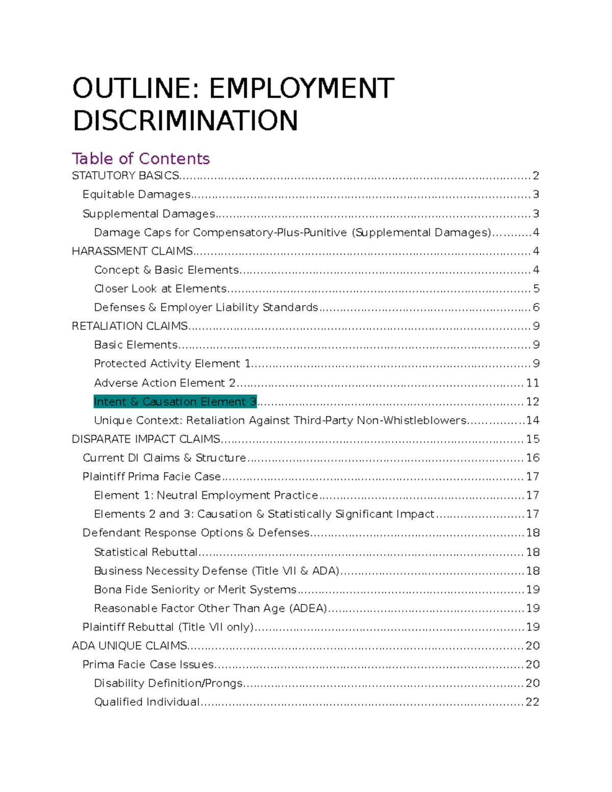Employment Discrimination Law Outline: Key Claims and Defenses - Studocu
