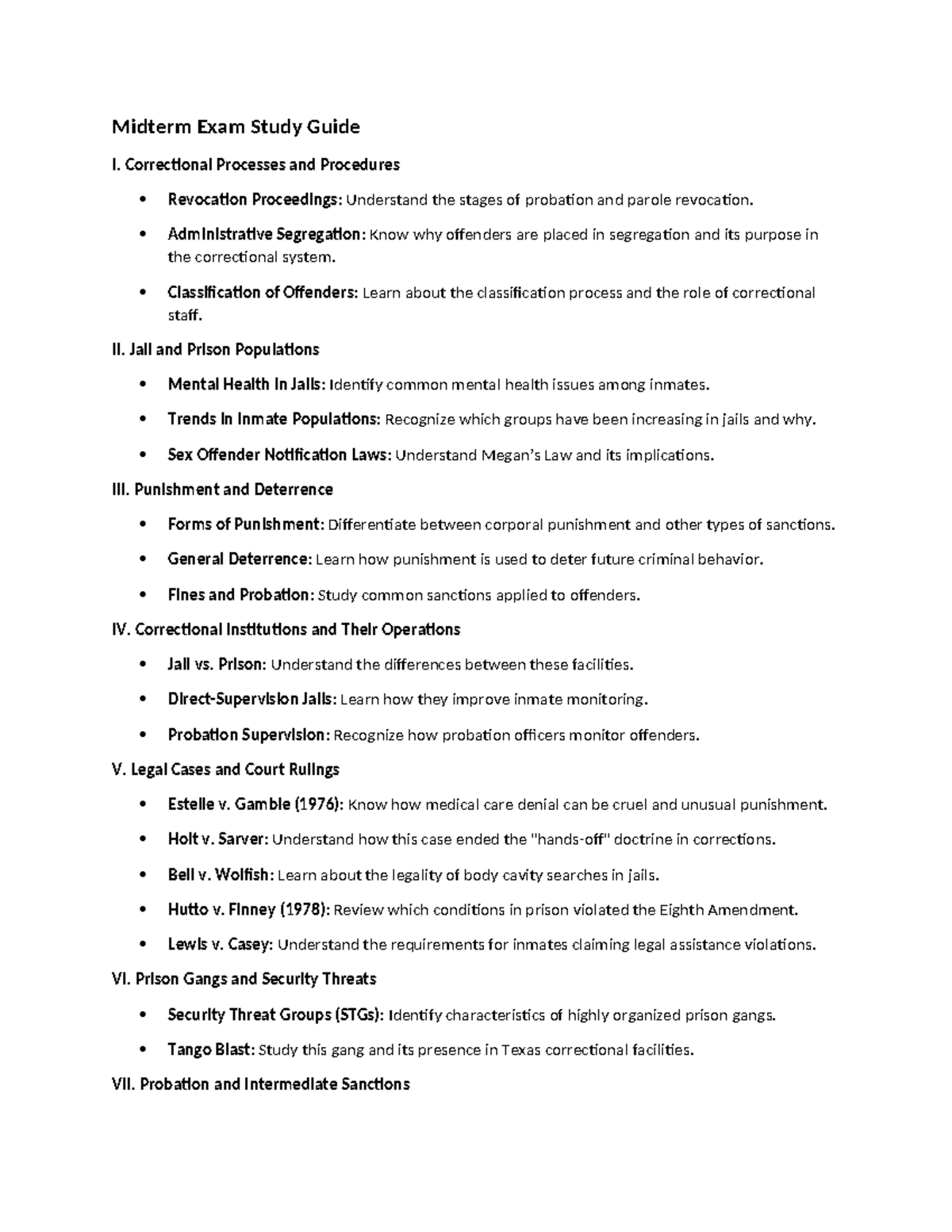 Midterm Exam Study Guide for Correctional Processes (CRJ101) - Midterm Exam Study Guide I. - Studocu