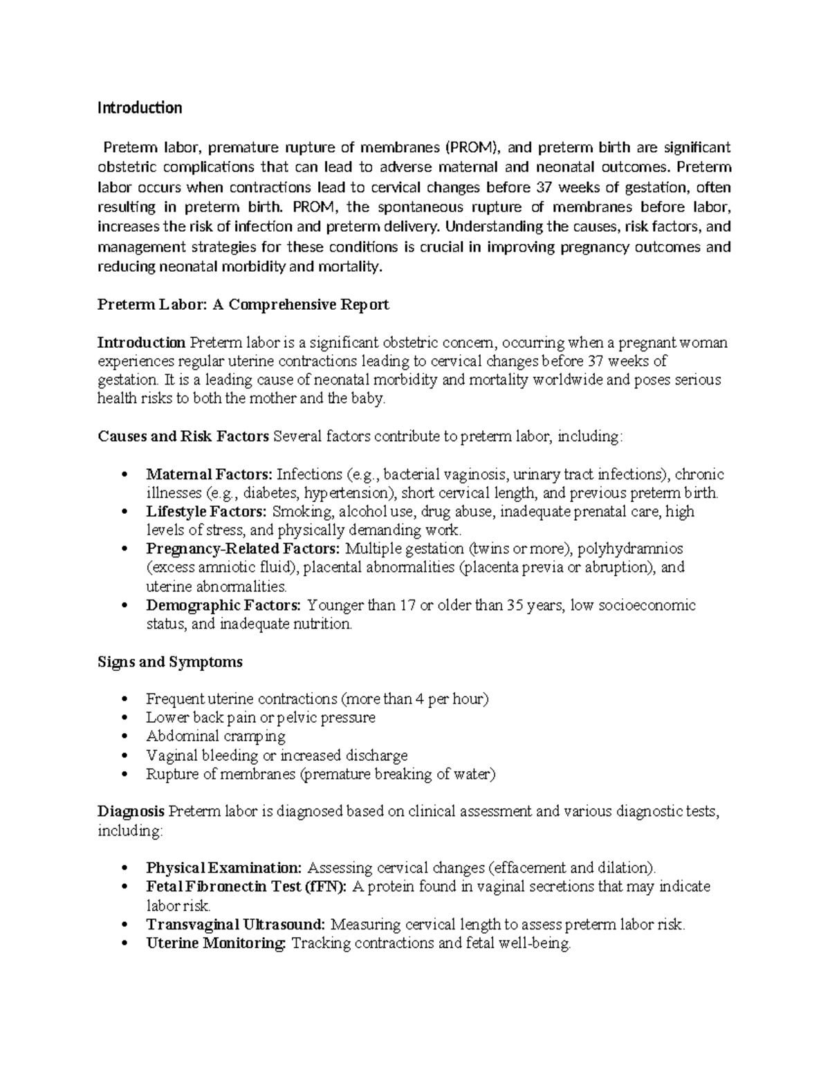 Preterm Labor, PROM, and Preterm Birth: Comprehensive Overview - Studocu