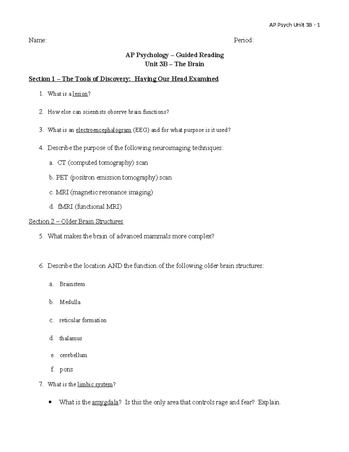 AP Psych Unit 3B Guided Reading: The Brain Overview - Studocu