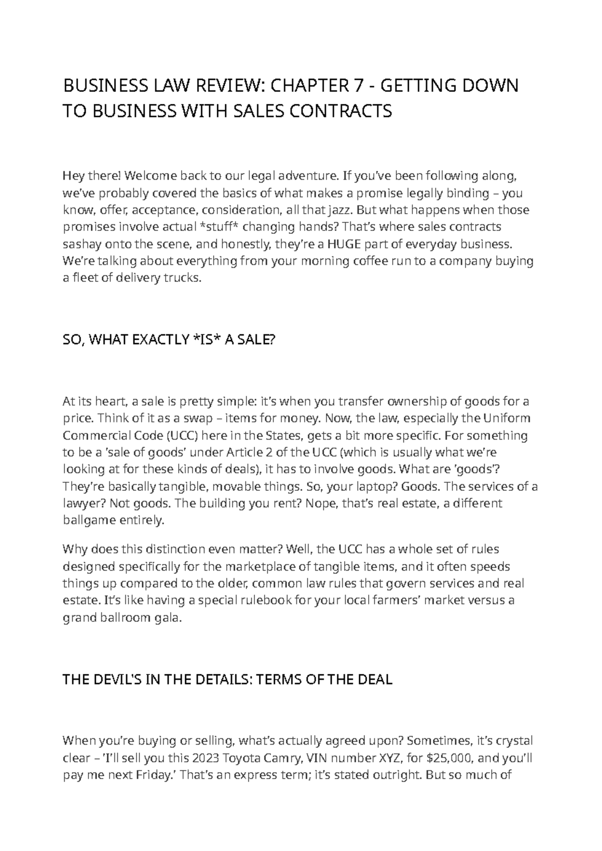 BUSINESS LAW 101: CHAPTER 7 SALES CONTRACTS REVIEW - Studocu