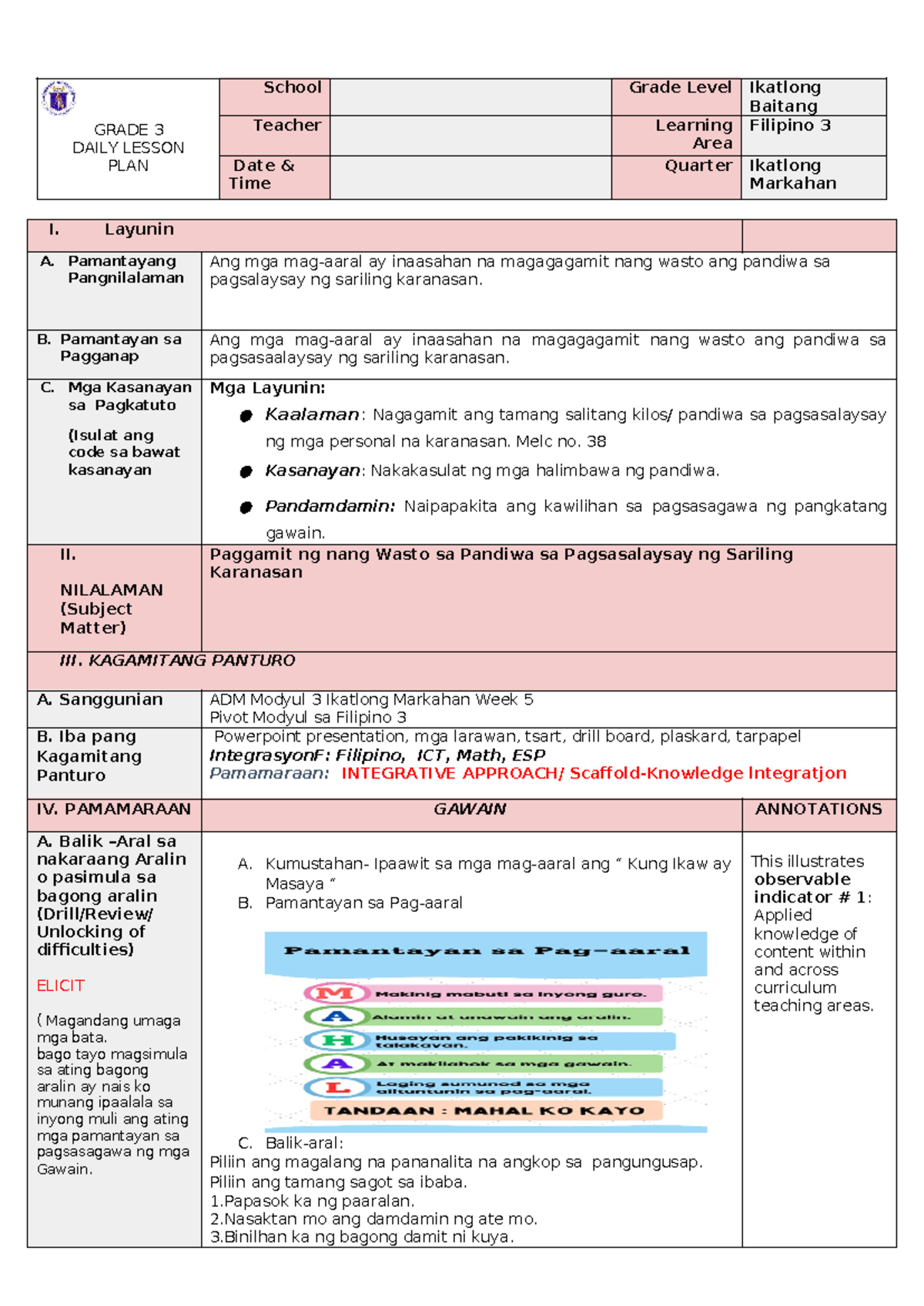 COT-Filipino 3 - Q3 - Week 5 Daily Lesson Plan - Studocu