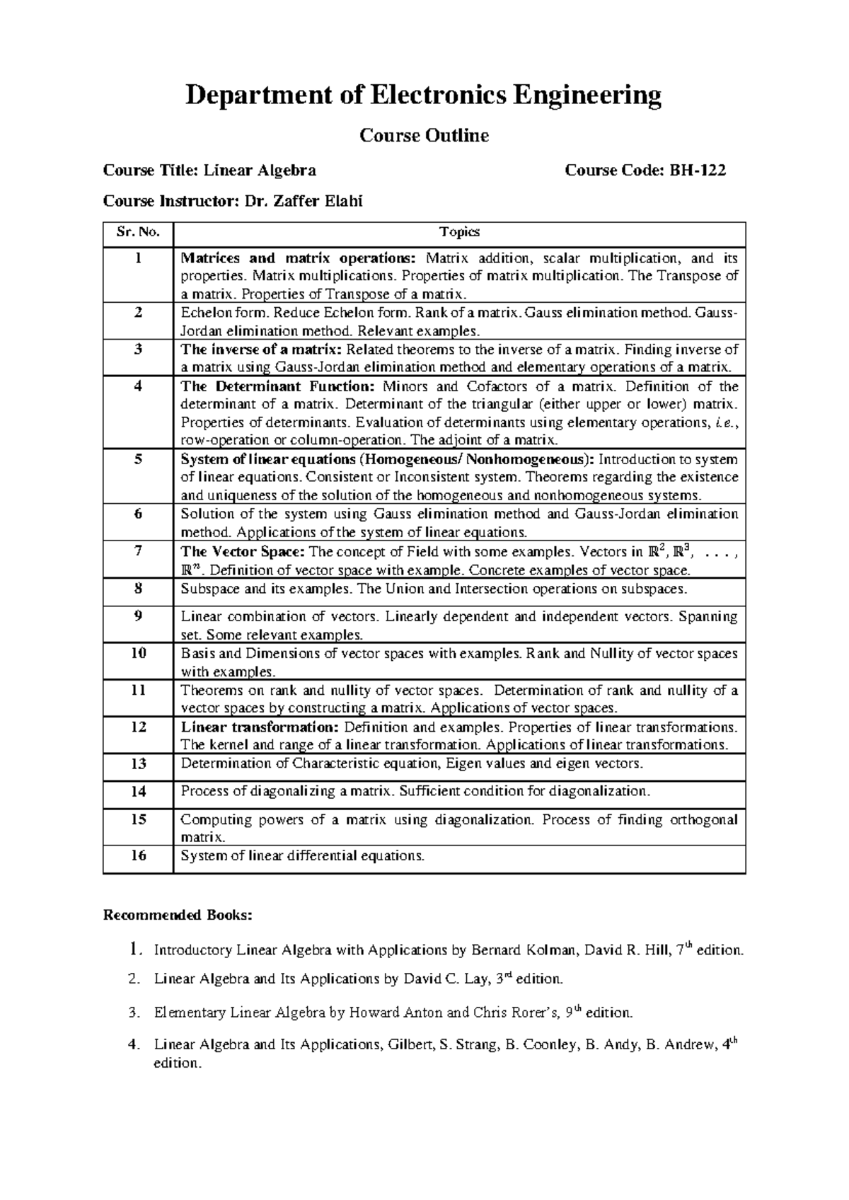 Linear Algebra Course Outline BH- with Topics and Resources - Studocu