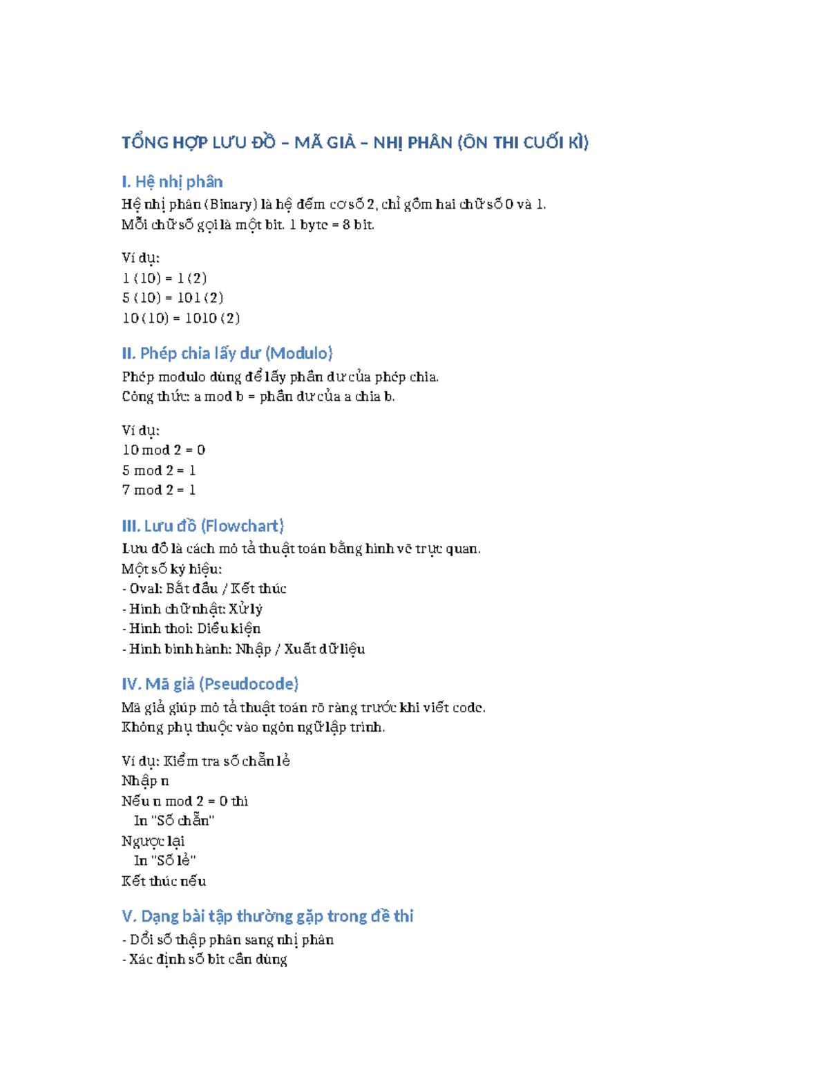 TỔNG HỢP LƯU ĐỒ MÃ GIẢ NHỊ PHÂN (CNTT - ÔN THI CUỐI KÌ) - Studocu