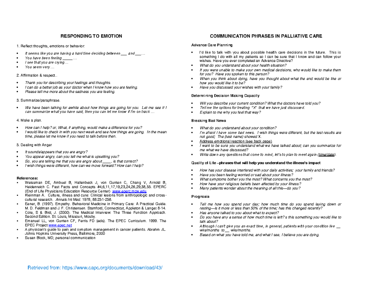 04. Communication Phrases in Palliative Care: Key Responses and ...