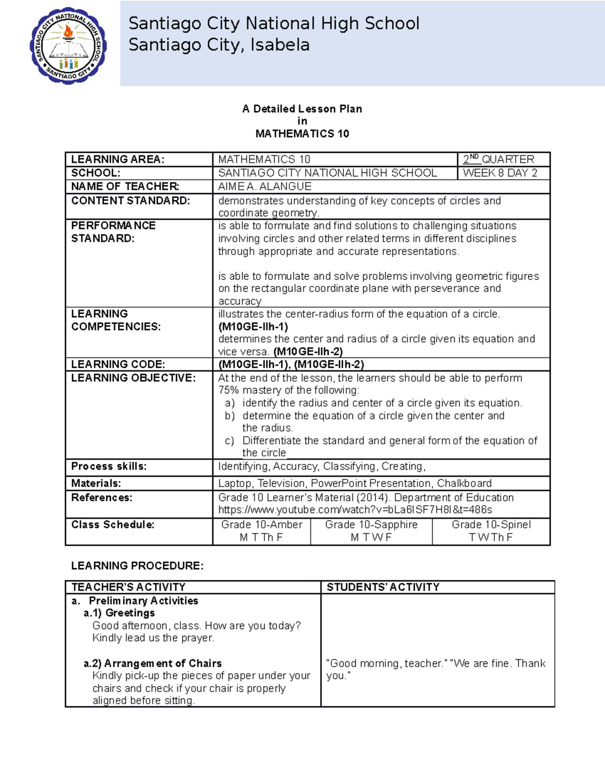 DLP - Detailed Lesson Plan on Equations of a Circle (M10) - Studocu