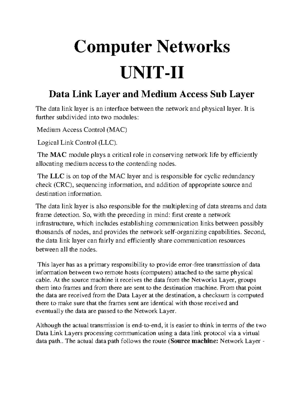 UNIT-II - Data Link Layer Overview and Error Control Techniques - Studocu
