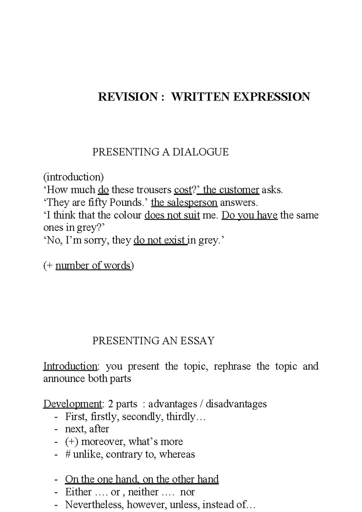 Revision DC EE Students: Written Expression & Dialogue Techniques - Studocu