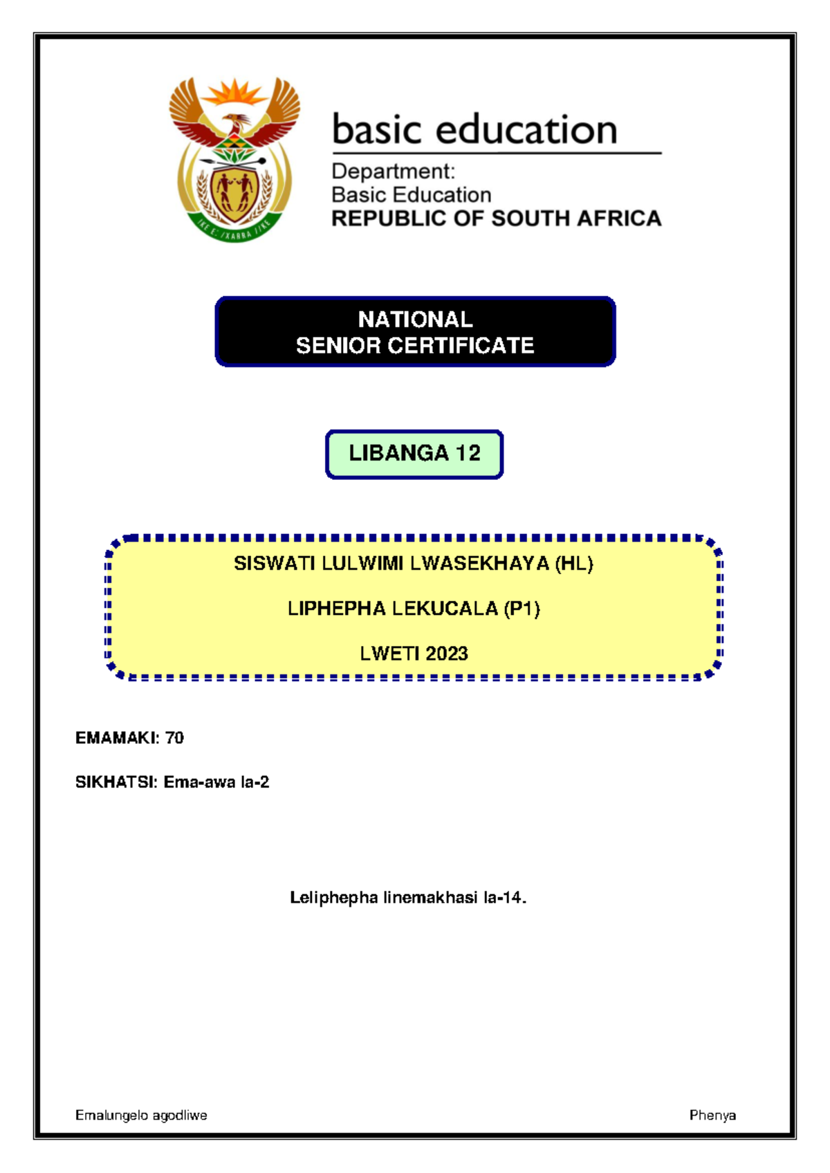 Siswati HL P1 Nov 2023 - Detailed Exam Summary and Analysis - Studocu