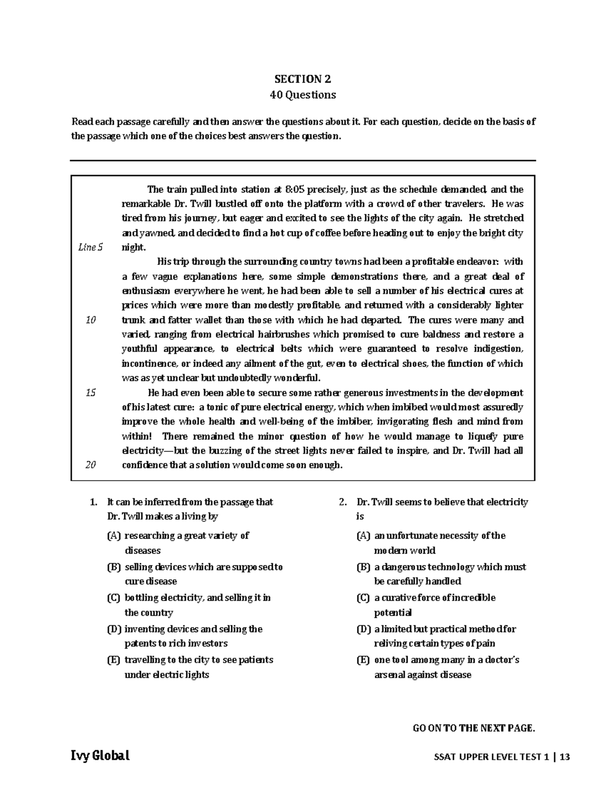 SSAT Upper Level Test - Reading Section Practice Questions - Studocu