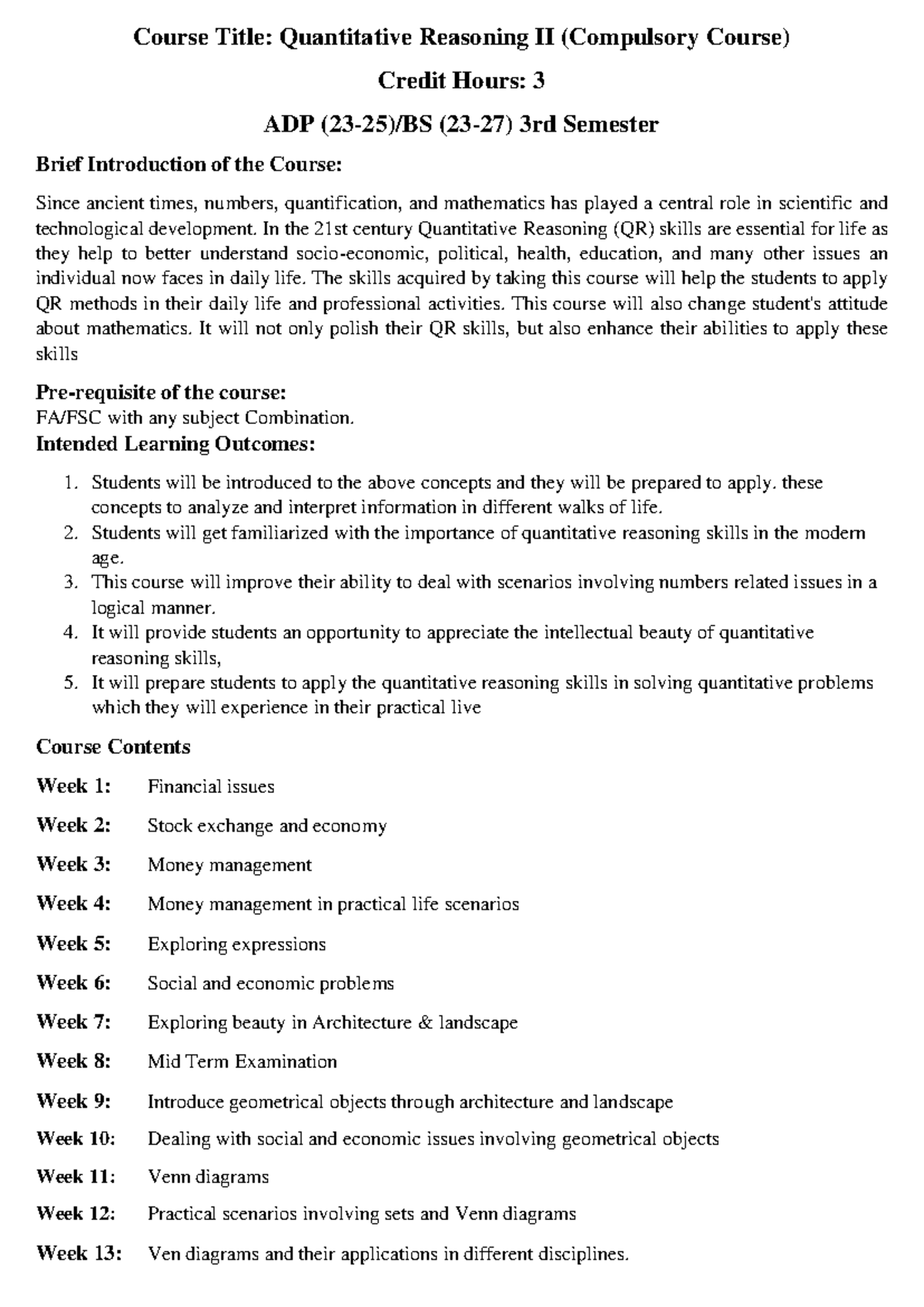 Outline for Quantitative Reasoning II (ADP 3rd Sem) - Studocu