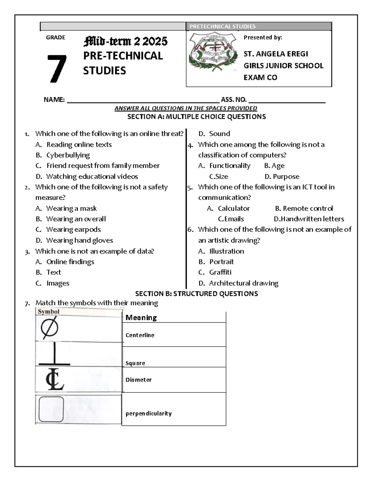 Grade 7 Pre-Technical Studies Exam 2025 - ST. ANGELA EREGI GIRLS - Studocu