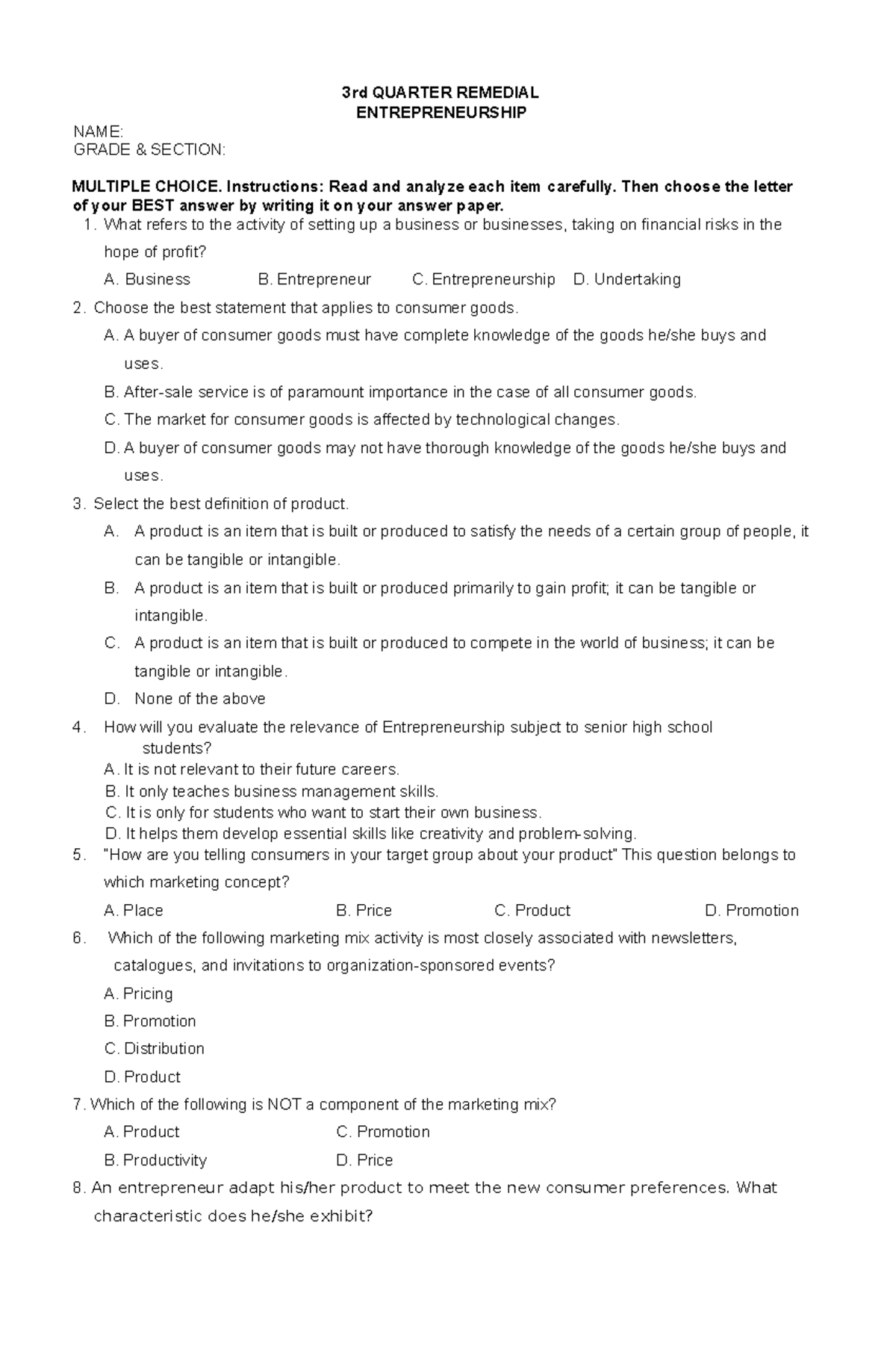Entrep 3Q Remedial Exam: Multiple Choice Questions & Answers - Studocu