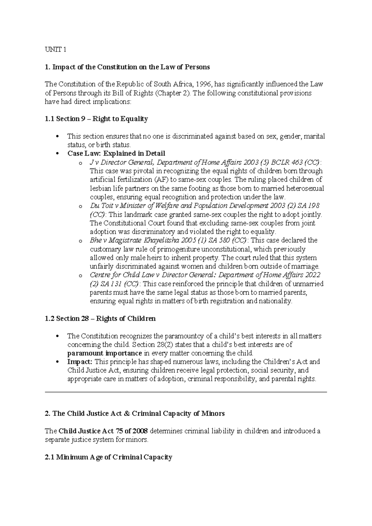 Unit 1-5 Notes on the Impact of the Constitution on the Law of Persons ...