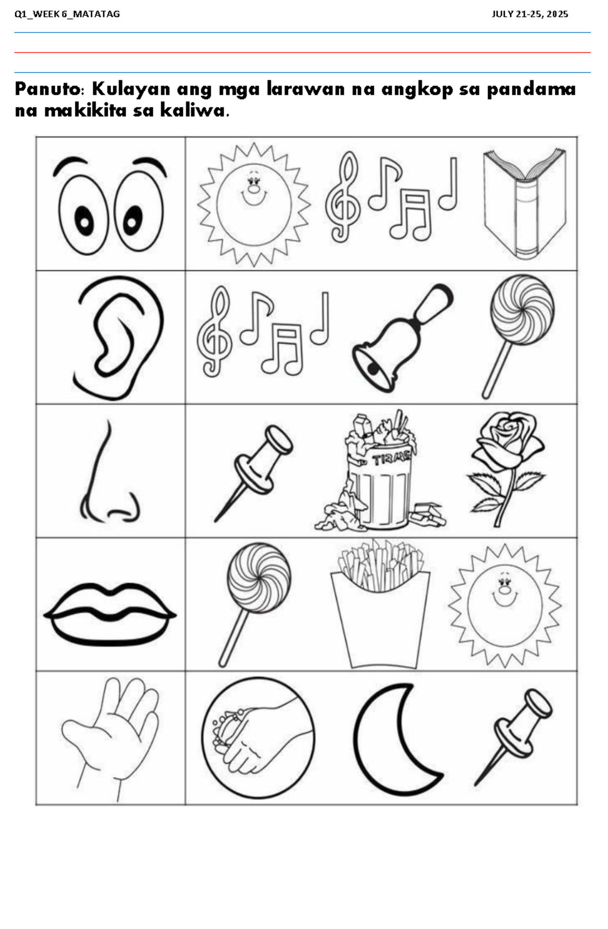 Q1_WEEK 6 Worksheet Compilation: Ang Limang Pandama Activities - Studocu