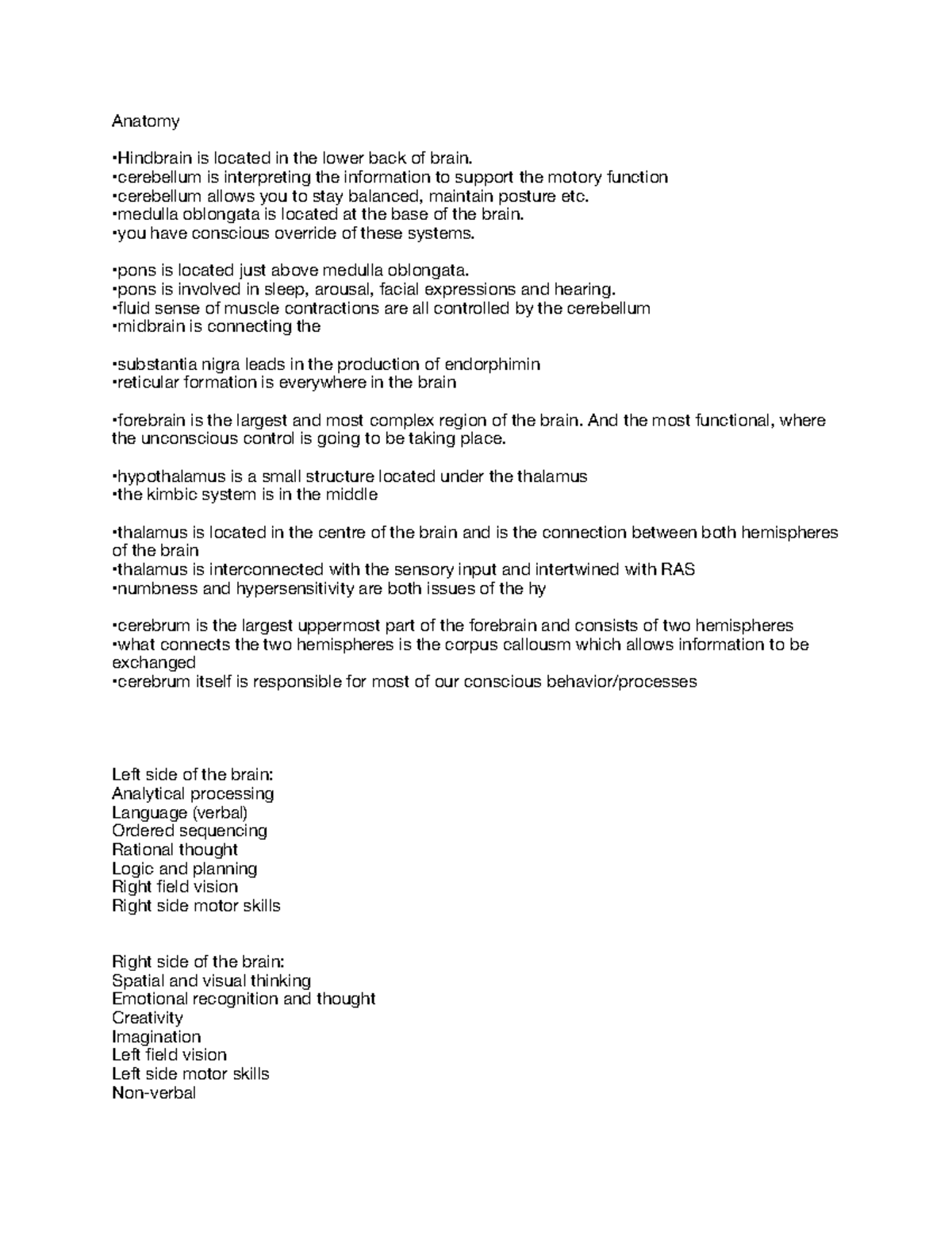 Psychology Notes: Brain Anatomy and Functions Overview - Studocu